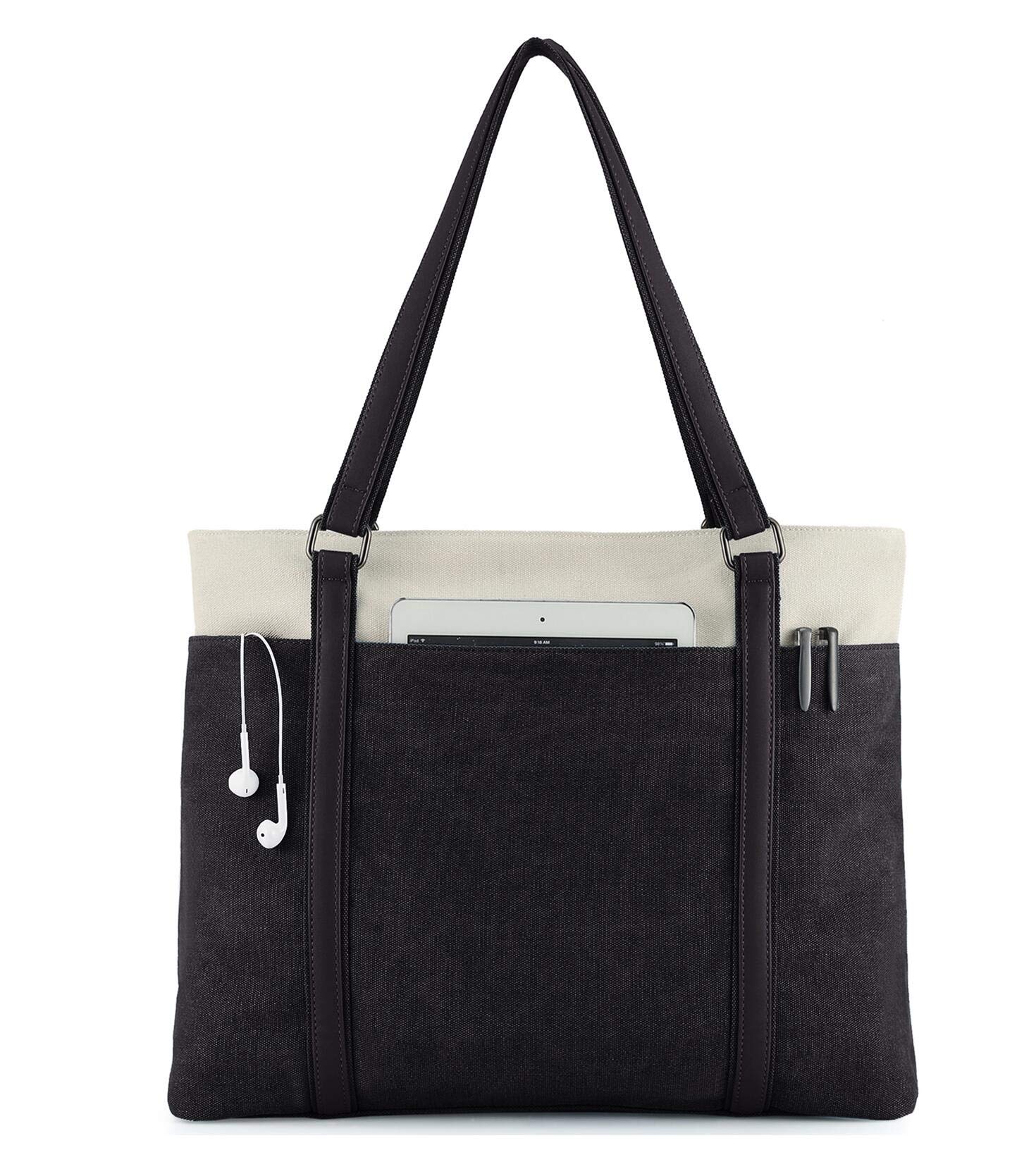 VOGUZY Laptop Tote Bag 15.6 Inch, Canvas Large Work Tote Bag Computer Shoulder Bag for Women,Laptop Carrying Case Gift for Office College Travel,Black