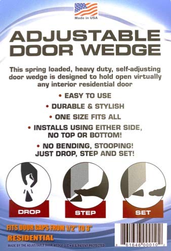 Heavy Duty Adjustable Spring Loaded Residential Door Wedge- This Self-Adjusting Doorstop Will Prop Open Virtually Any Door in Your Home | Fits Door Gaps ½-3" | Made in The USA | Veteran Manufacturer