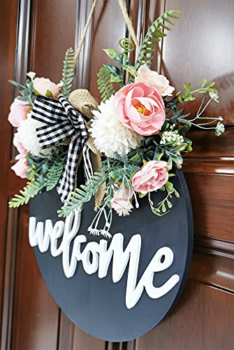 Welcome Sign for Front Door, Farmhouse Porch Décor Wooden Hanging Round Sign 12" Black-Floral