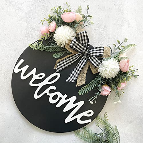 Welcome Sign for Front Door, Farmhouse Porch Décor Wooden Hanging Round Sign 12" Black-Floral