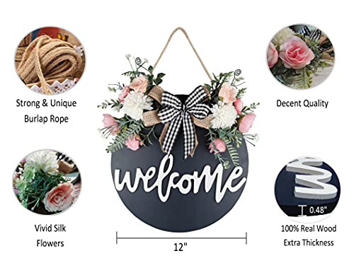 Welcome Sign for Front Door, Farmhouse Porch Décor Wooden Hanging Round Sign 12" Black-Floral
