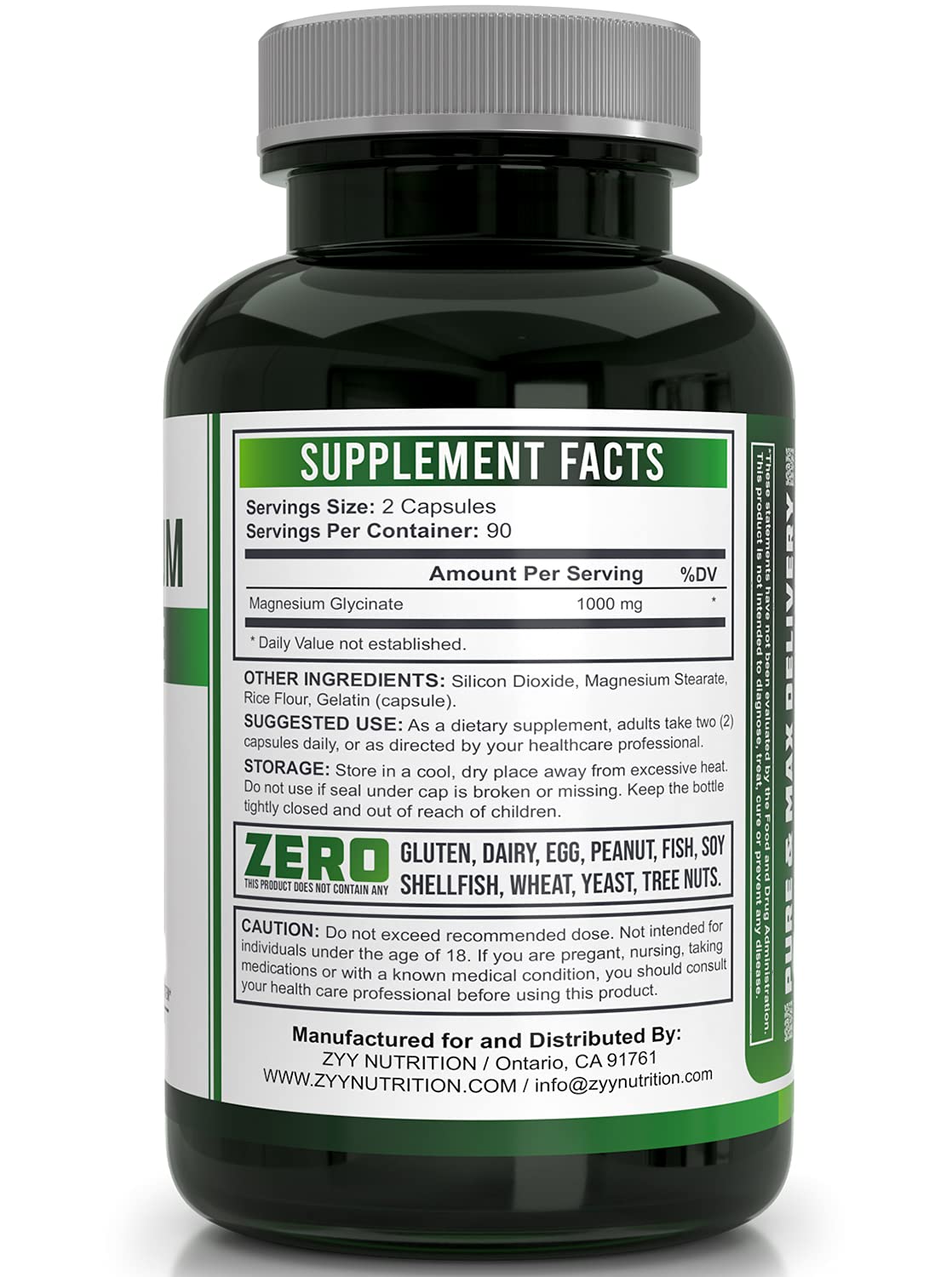 ZYY Pure Magnesium Glycinate Capsules 1000mg Maximum Strength, Chelated for High Absorption Magnesium Supplement for Sleep, Muscle, Brain, Bone and Heart Health, 3rd Party Tested, 180 Capsules