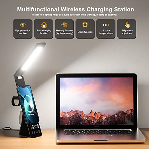 GAOHANG LED Desk Lamp with Wireless Charger 3 in 1 Fast Charging Station, Touch Control Desk Lamp with Clock, Alarm, 3 Lighting Modes & Stepless Brightness Home Office Eye-Caring Table Lamps Black