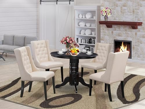 East West Furniture SHFO5-BLK-01 5 Piece Kitchen Table Set for 4 Includes a Round Dining Room Table with Pedestal and 4 Cream Linen Fabric Upholstered Chairs, 42x42 Inch, Black