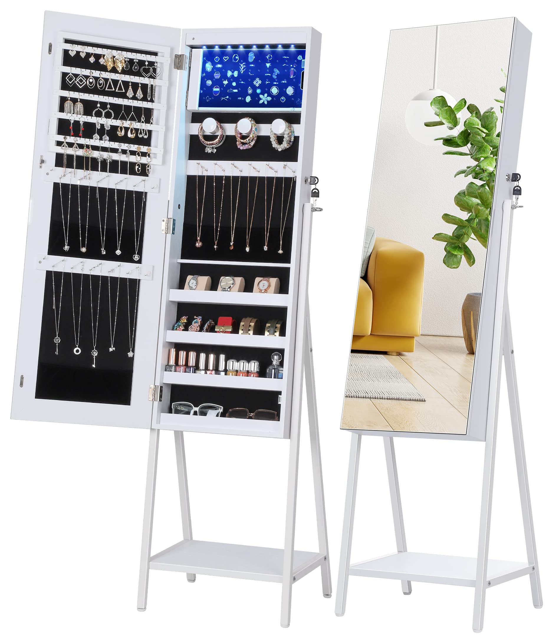 Nicetree 8 LEDs Standing Jewelry Mirror Cabinet, Full Length Mirror and Jewelry Storage All in One, Superior Storage Capacity Jewelry Armoire Stand Up Mirror (White)