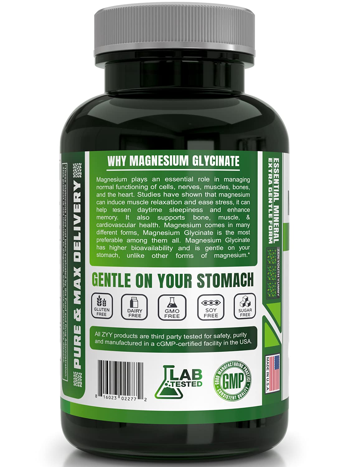 ZYY Pure Magnesium Glycinate Capsules 1000mg Maximum Strength, Chelated for High Absorption Magnesium Supplement for Sleep, Muscle, Brain, Bone and Heart Health, 3rd Party Tested, 180 Capsules