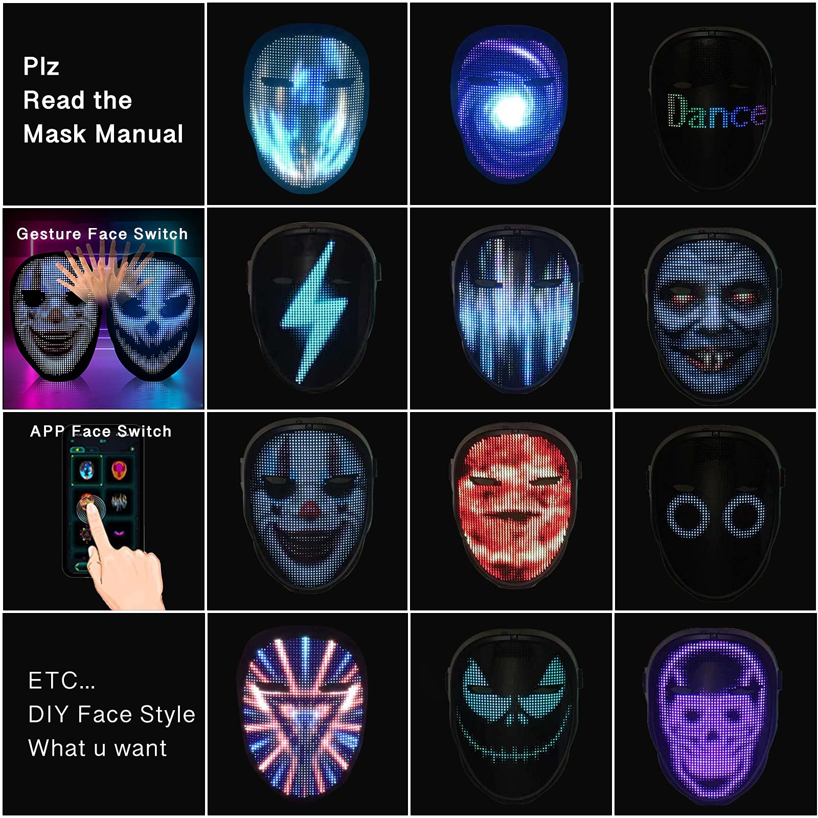 RHAPHONY Led Mask with Bluetooth Programmable, Halloween Light up Mask for Masquerade Party Costume Mask Cosplay Mask, Multicolor, Large