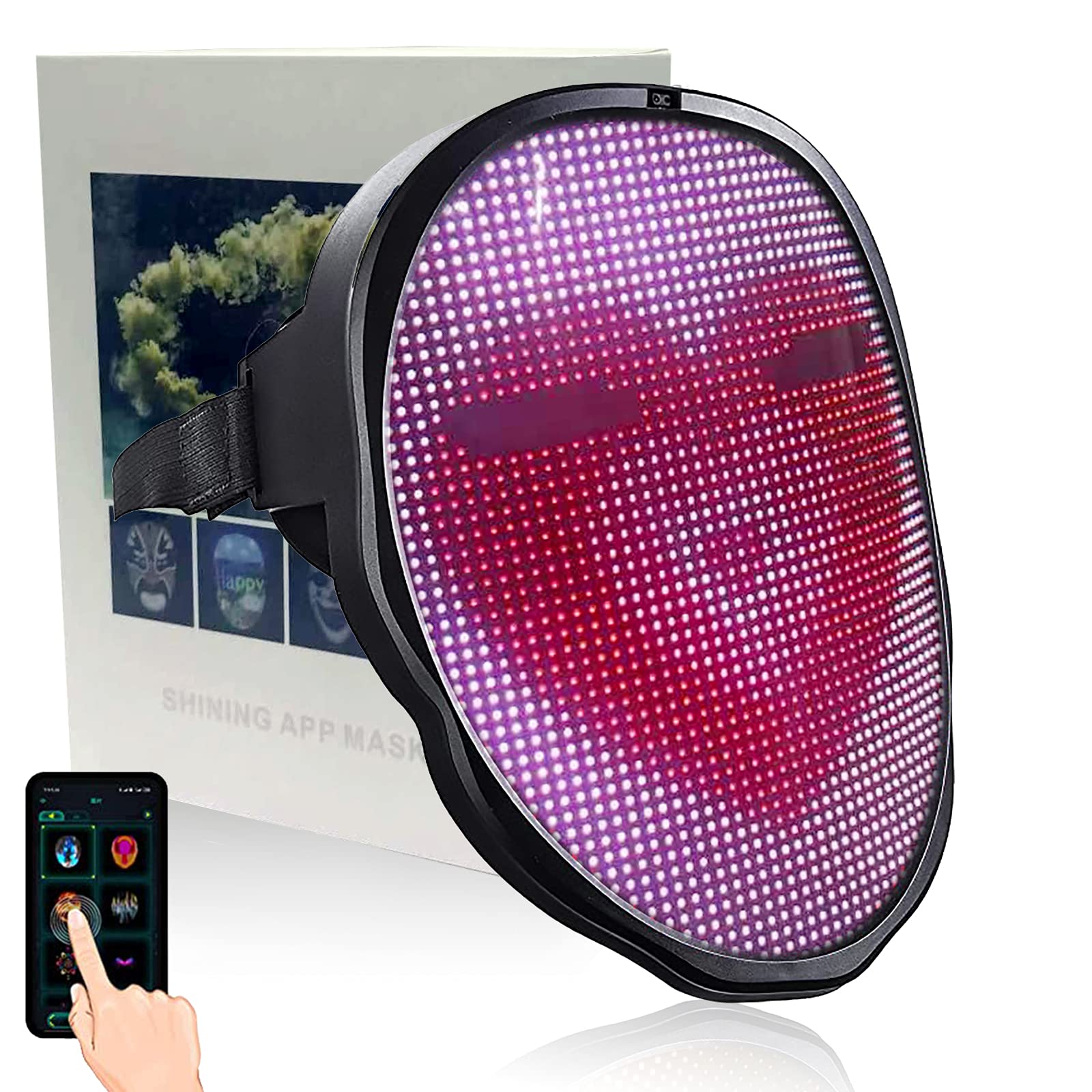 RHAPHONY Led Mask with Bluetooth Programmable, Halloween Light up Mask for Masquerade Party Costume Mask Cosplay Mask, Multicolor, Large