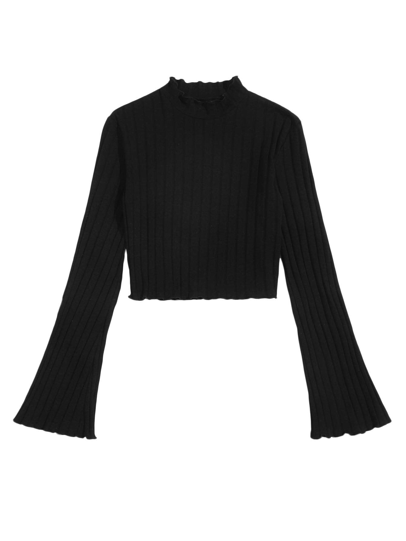 SweatyRocks Women's Long Flounce Sleeve Crop Top Stand Collar Ribbed Knit T-Shirt Black M