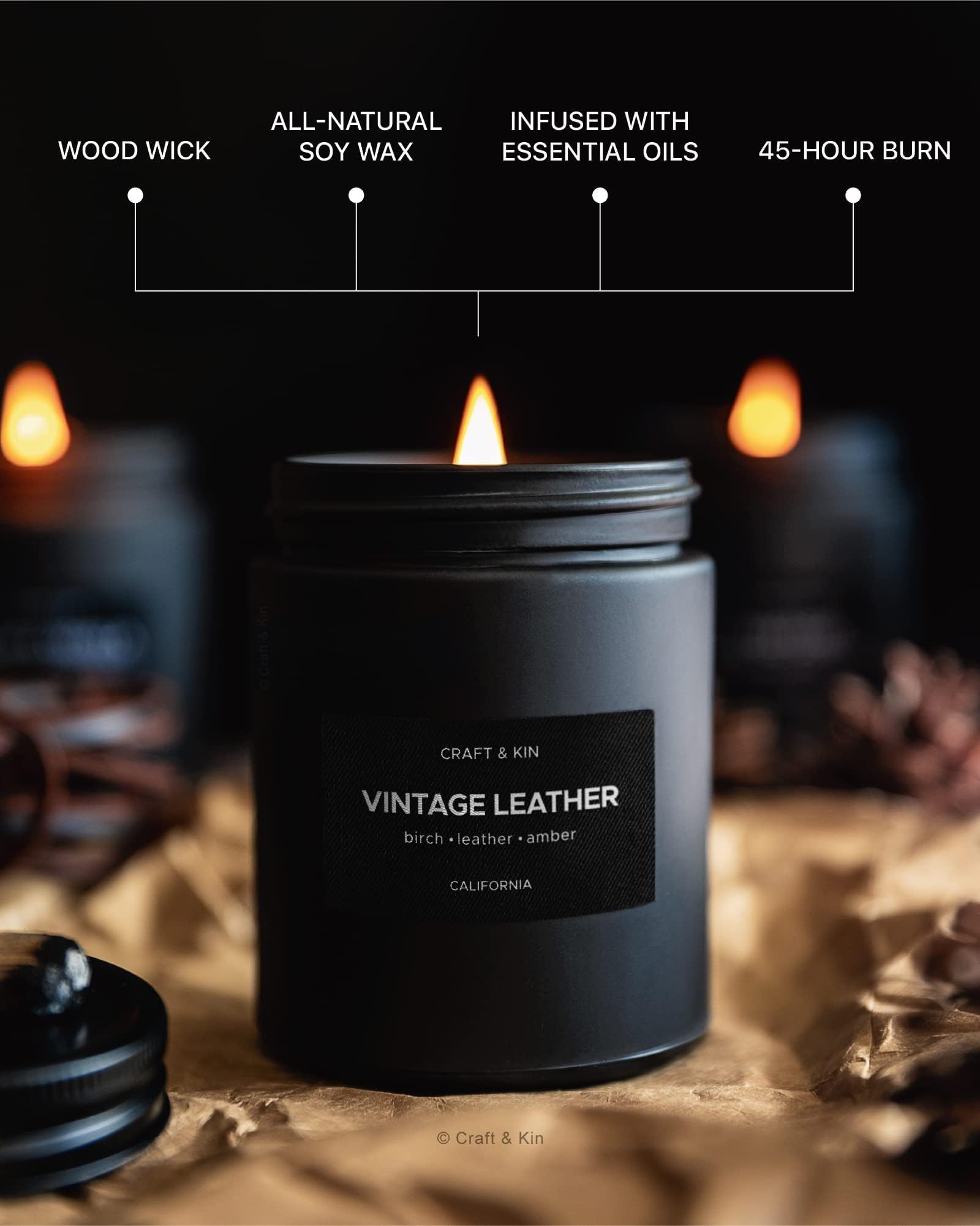 Craft & Kin Premium Vintage Leather Candle | Black Spring Scented Candles for Men | Long Lasting with 45 Hour Burn Time, 7.6oz | Made with Soy | Aromatherapy at Home | Gifts for Men