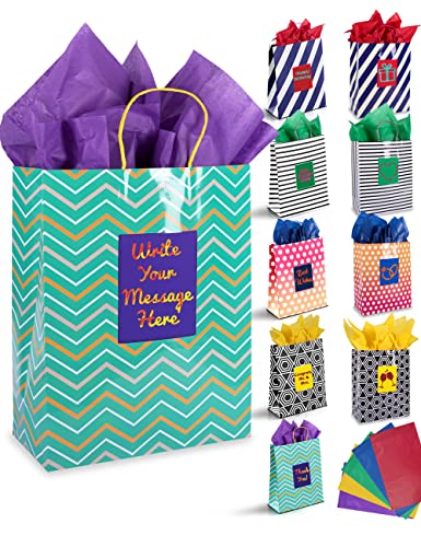PURPLE LADYBUG 10 Premium Large Gift Bags for Presents with Handles - Unique Gift Bags Large Size with 5 Designs - Assorted Mothers Day Gift Bags - Great Birthday Gift Bag, Easter Gift Bags, & More