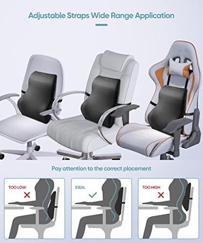 Tsumbay Lumbar Support Pillow Memory Foam Back Cushion Ergonomic Backrest for Back Pain Relief with Breathable 3D Mesh and Adjustable Belts, for Office Chair, Car Seat, Gaming Chair and Wheelchair