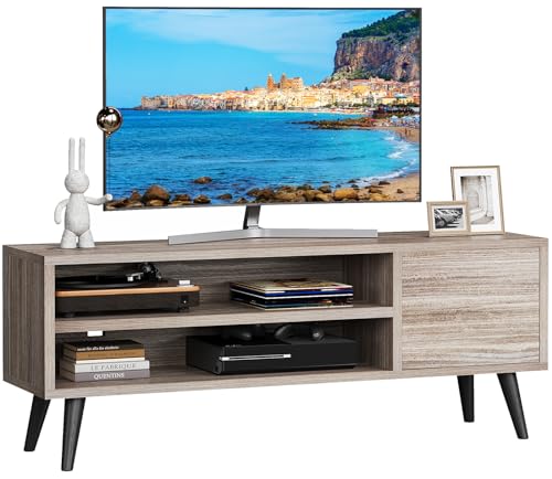 Retro TV Stand with Storage Cabinet for TVs up to 55 inch, TV Console for Media, Mid Century Modern TV Stand & Entertainment Center, Grey Wooden TV Stand for Living Room/Bedroom, Grey Wash, APRTS01G