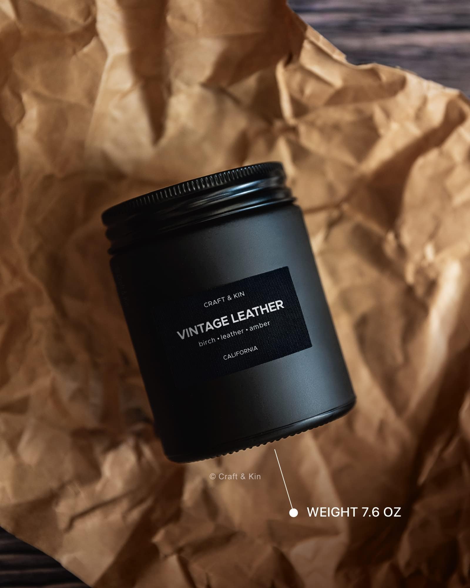 Craft & Kin Premium Vintage Leather Candle | Black Spring Scented Candles for Men | Long Lasting with 45 Hour Burn Time, 7.6oz | Made with Soy | Aromatherapy at Home | Gifts for Men