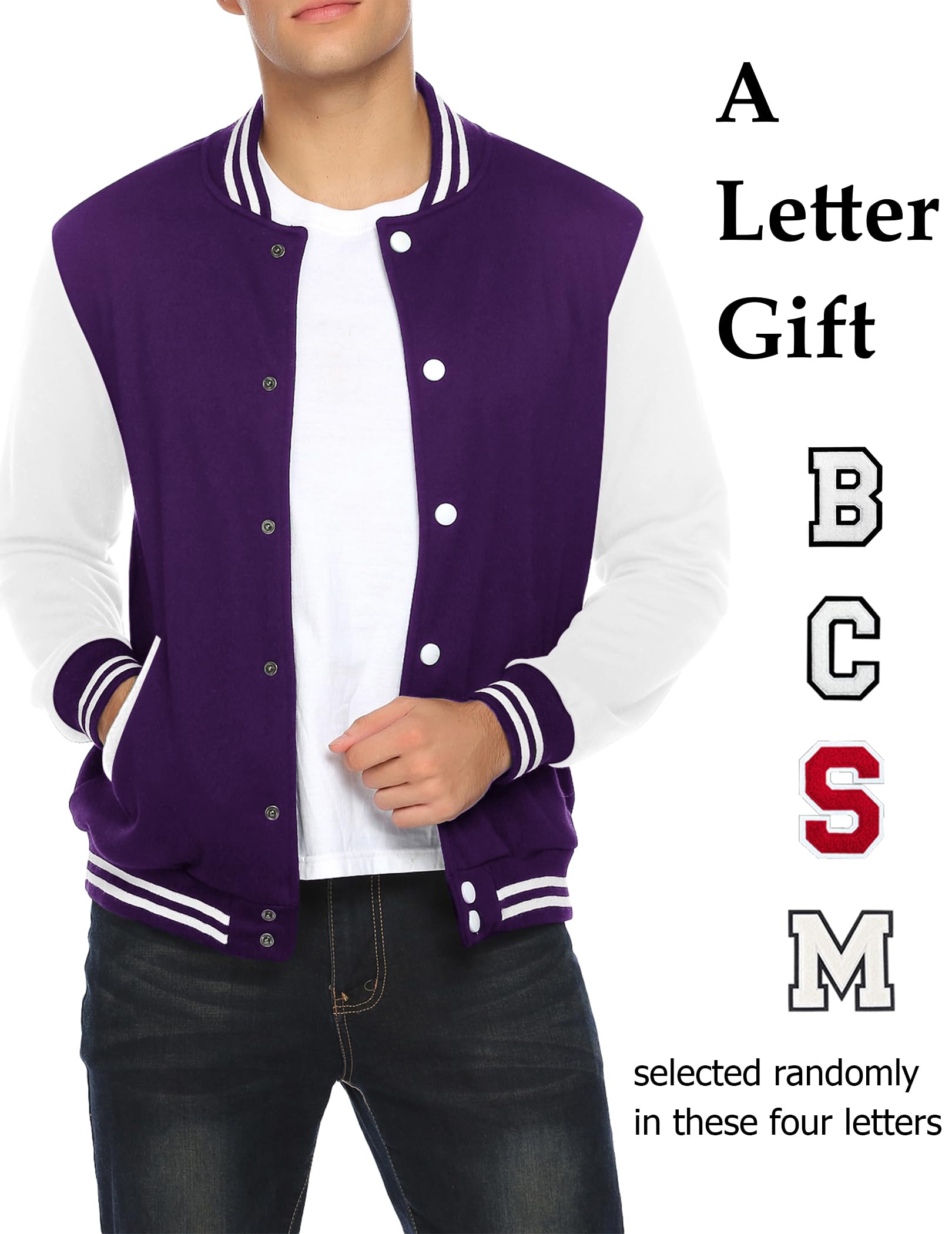 COOFANDY Men's Stylish Varsity Jacket Plain Baseball Jacket Casual Letterman Jacket