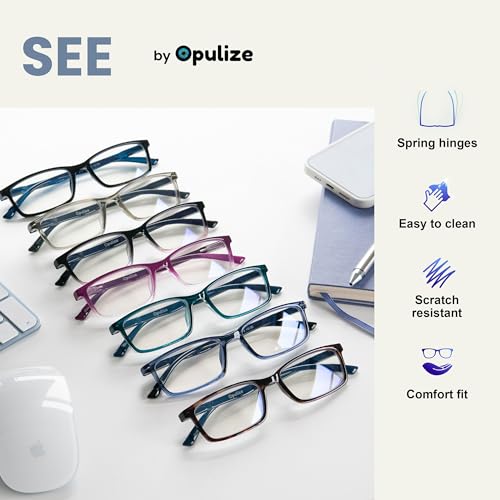 OPULIZE See Reading Glasses 3 Packs with Blue Light Blocking Narrow Frame Spring Hinges Improve Sleep Computer Gaming Transparent Blue Purple Turquoise Mens Womens BBB9-35Q +3.50