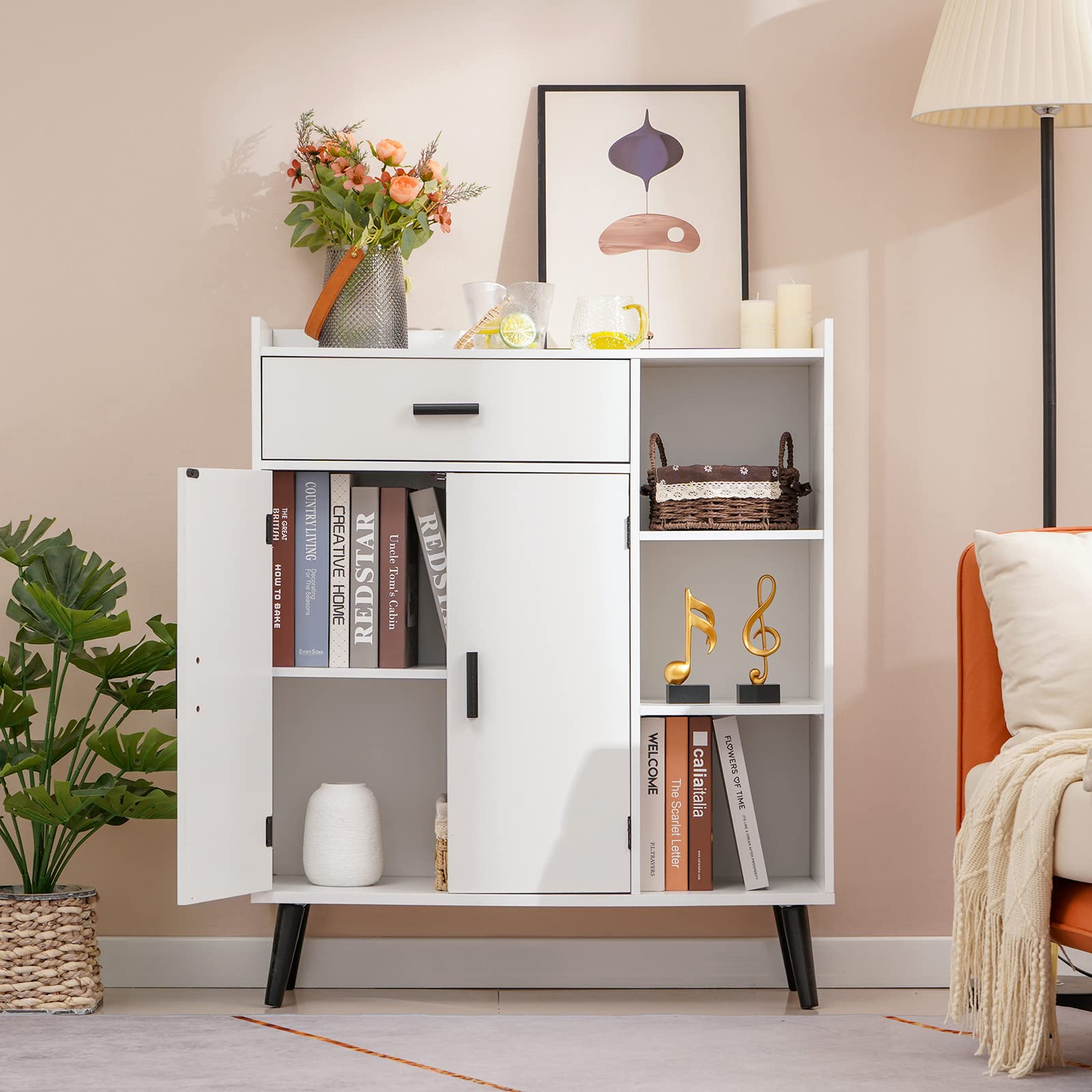 usikey Storage Cabinet, Floor Storage Cabinet with 1 Large Space, 2 Doors & 3 Shelves, Bathroom Storage Cabinet, Cabinet for Living Room, Entryway, Office, White