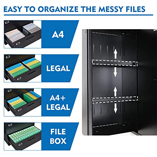 BYNSOE File Cabinet with Lock 4 Drawer Lateral File Cabinets for Legal/Letter A4 Size Metal Filing Storage Cabinet for Office Home Requires Assembly (4 Drawers, Black)