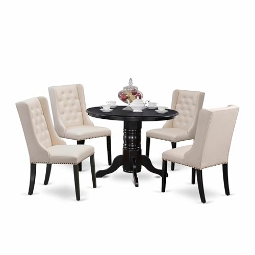 East West Furniture SHFO5-BLK-01 5 Piece Kitchen Table Set for 4 Includes a Round Dining Room Table with Pedestal and 4 Cream Linen Fabric Upholstered Chairs, 42x42 Inch, Black