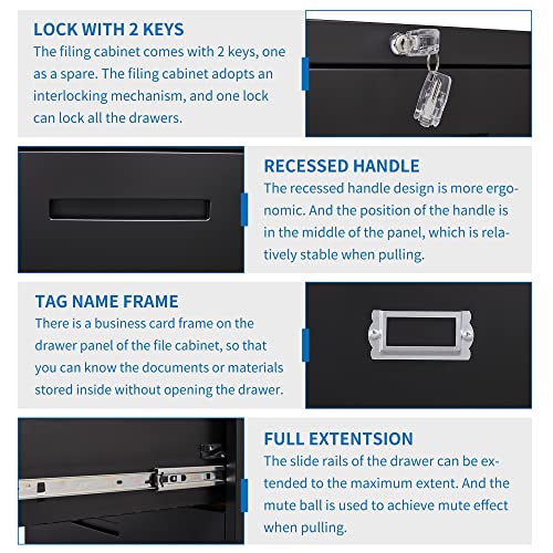 BYNSOE File Cabinet with Lock 4 Drawer Lateral File Cabinets for Legal/Letter A4 Size Metal Filing Storage Cabinet for Office Home Requires Assembly (4 Drawers, Black)