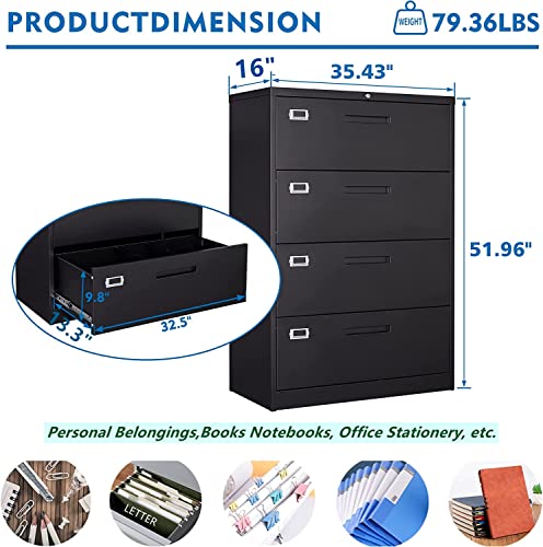 BYNSOE File Cabinet with Lock 4 Drawer Lateral File Cabinets for Legal/Letter A4 Size Metal Filing Storage Cabinet for Office Home Requires Assembly (4 Drawers, Black)
