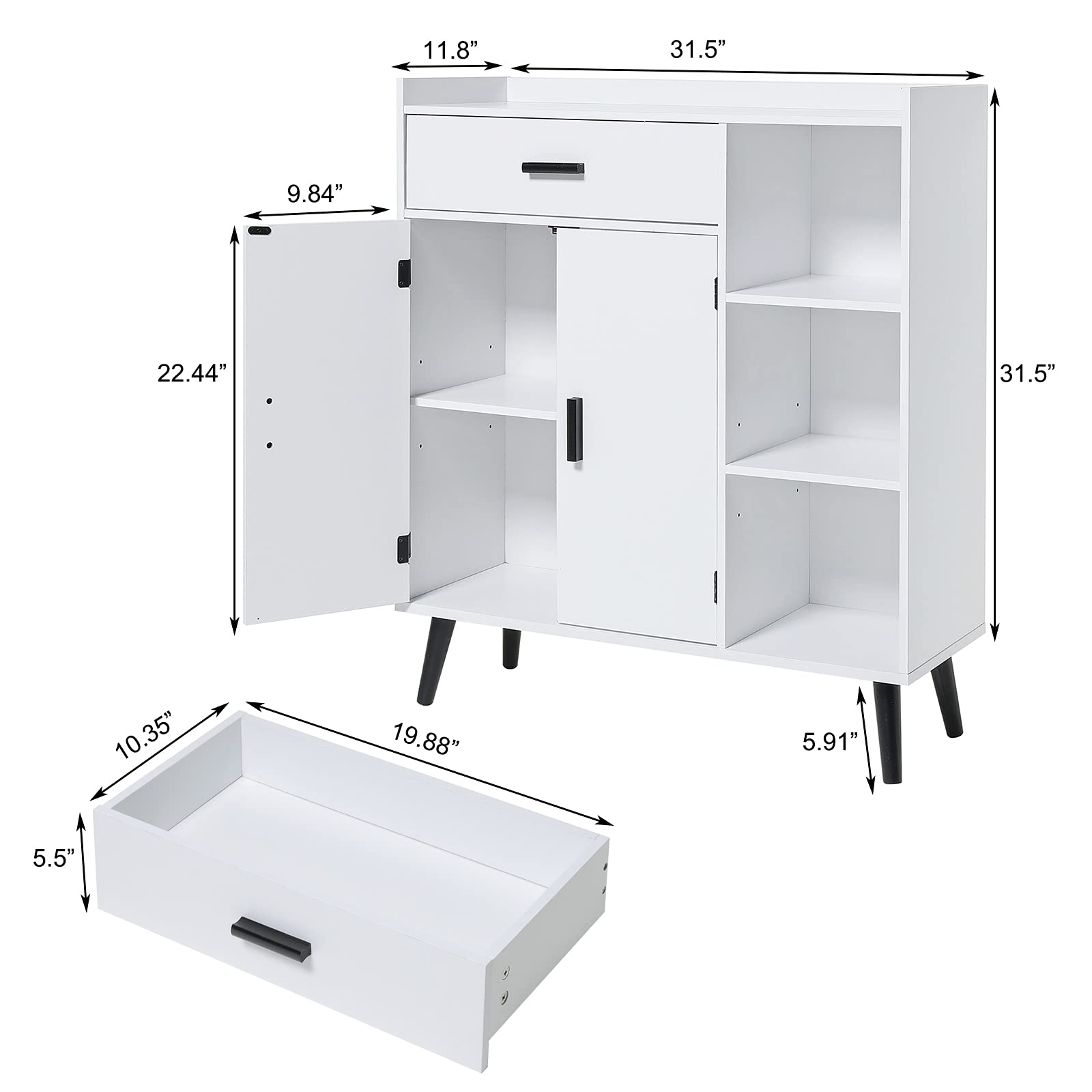 usikey Storage Cabinet, Floor Storage Cabinet with 1 Large Space, 2 Doors & 3 Shelves, Bathroom Storage Cabinet, Cabinet for Living Room, Entryway, Office, White