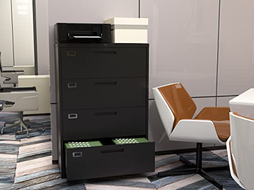 BYNSOE File Cabinet with Lock 4 Drawer Lateral File Cabinets for Legal/Letter A4 Size Metal Filing Storage Cabinet for Office Home Requires Assembly (4 Drawers, Black)