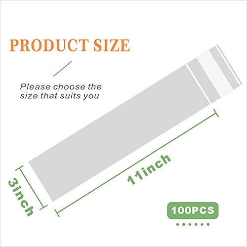 Voikinfo 100 pcs 3" x 11" Long Clear Resealable Cellophane Bags Self Sealing Treat Bags Cookie Bags with Adhesive Flap Gift Wrap Poly Bags Plastic Packaging 1.4 mil