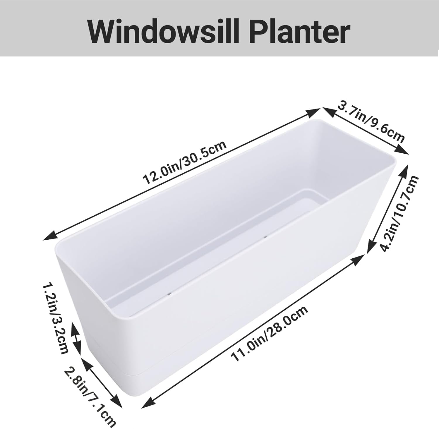 GREANER Flower Boxes, 3 Pack 12x3.8 Inch Rectangle Window Boxes, Herb Planters with Tray, Indoor Succulent Cactus Flowers Plastic Drawable Pot for Windowsill, Garden, Balcony, Office Outdoor (White)