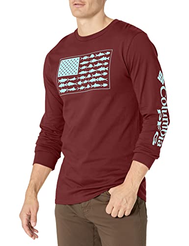 Columbia Mens Long Sleeve Tee Shirt; Columbia; Outdoors; Fishing; Camping; Hiking T Shirt, Rich Wine with Gulfstream, XX-Large US