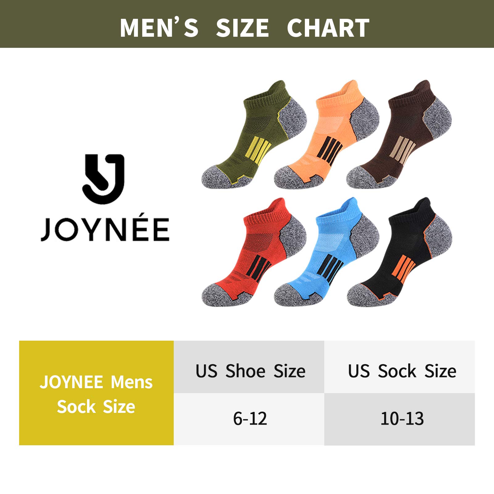 JOYNÉE Mens Athletic Ankle Sports Running Low Cut Tab Socks for Men 6 Pairs,Multicoloured,Sock Size 10-13
