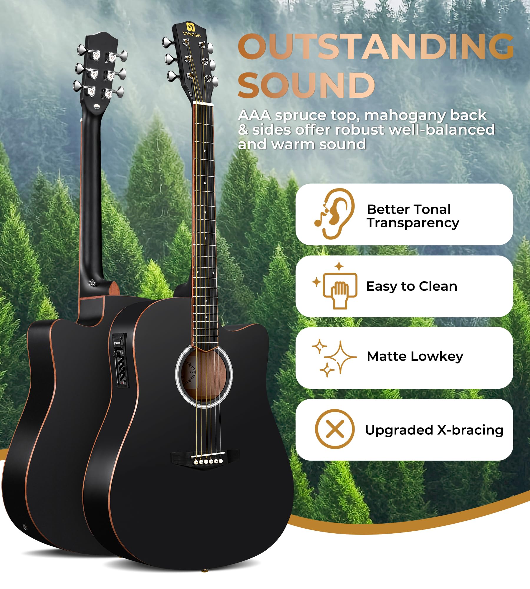 Vangoa Acoustic Electric Guitar Bundle for Beginners Adults Teens Full Size Cutaway Acoustic Guitar with Built-in Pickups, Wooden Bindings, Upgraded Starter Kit, Matte Black