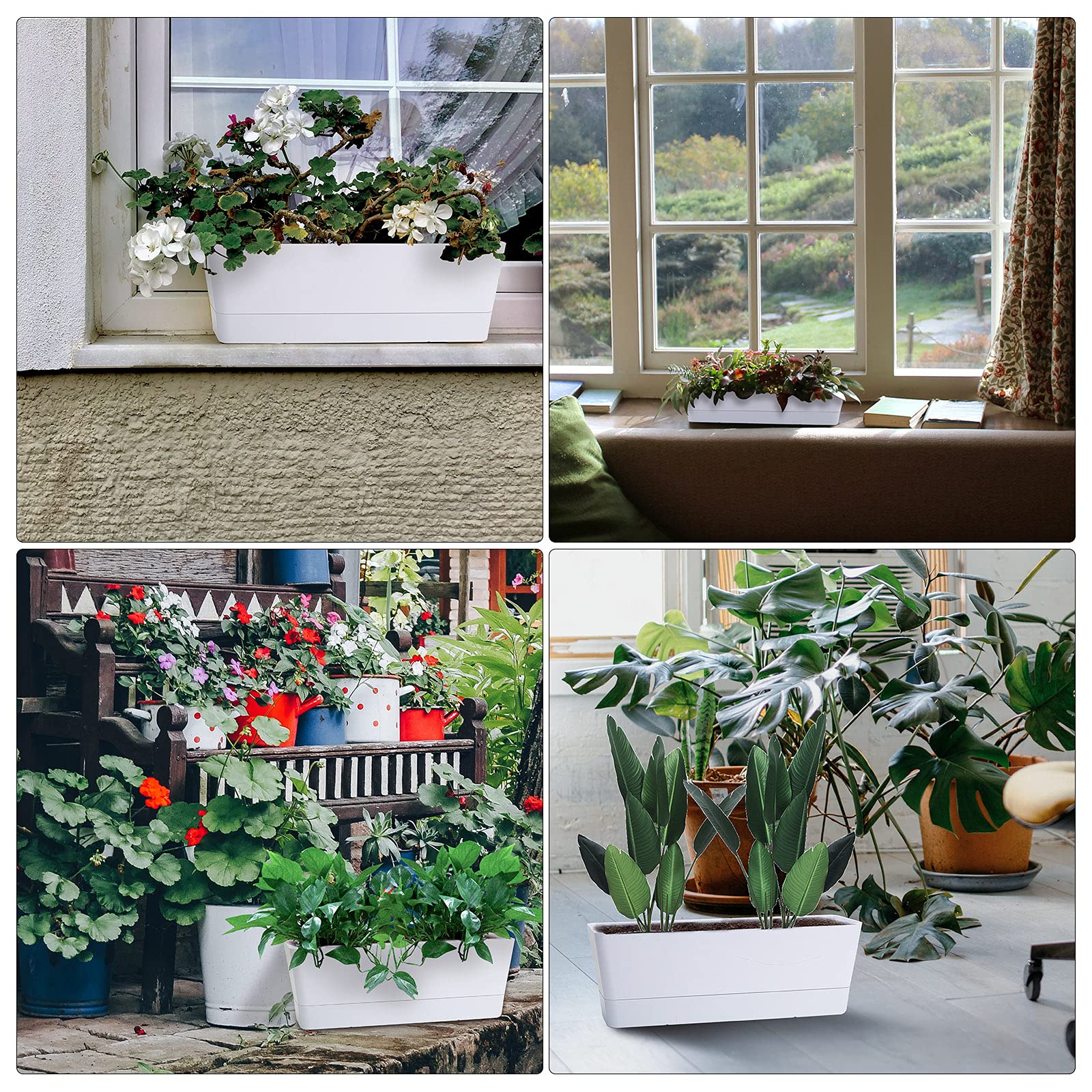 GREANER Flower Boxes, 3 Pack 12x3.8 Inch Rectangle Window Boxes, Herb Planters with Tray, Indoor Succulent Cactus Flowers Plastic Drawable Pot for Windowsill, Garden, Balcony, Office Outdoor (White)