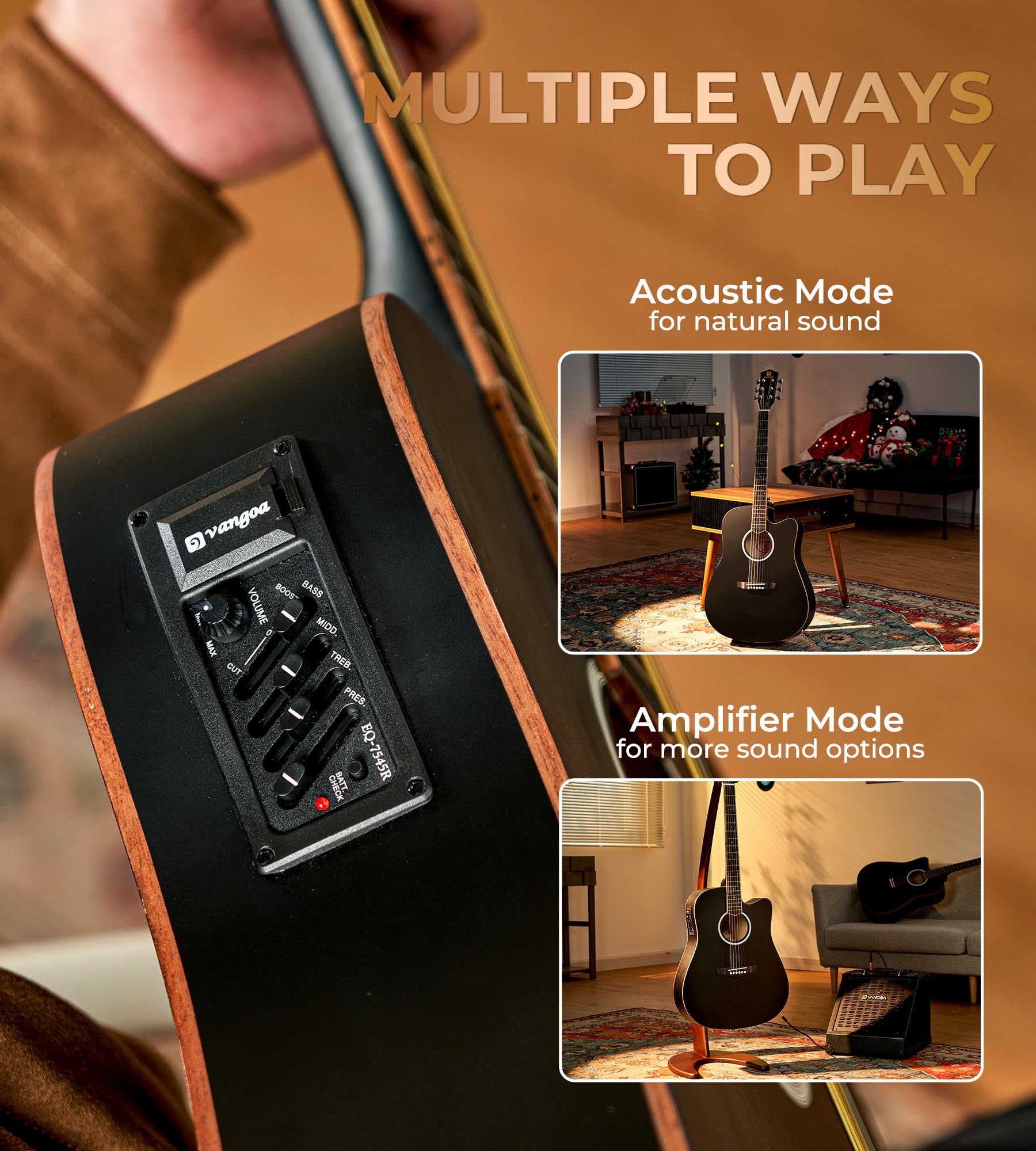 Vangoa Acoustic Electric Guitar Bundle for Beginners Adults Teens Full Size Cutaway Acoustic Guitar with Built-in Pickups, Wooden Bindings, Upgraded Starter Kit, Matte Black