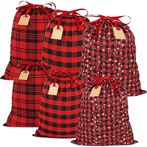 HRX Package Big Fabric Drawstring Gift Bags, 6pcs Reusable Christmas Sacks Red and Black Buffalo Plaid Cloth Pouches for Xmas Presents Party Favor