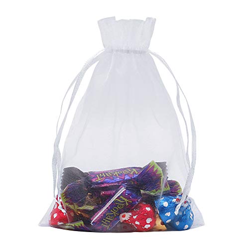 HRX Package White Organza Gift Bags 5x7 inch 100pcs, Mesh Jewelry Pouches Drawstring Bags Empty Sachet for Christmas Candy Present Wedding Giveaways