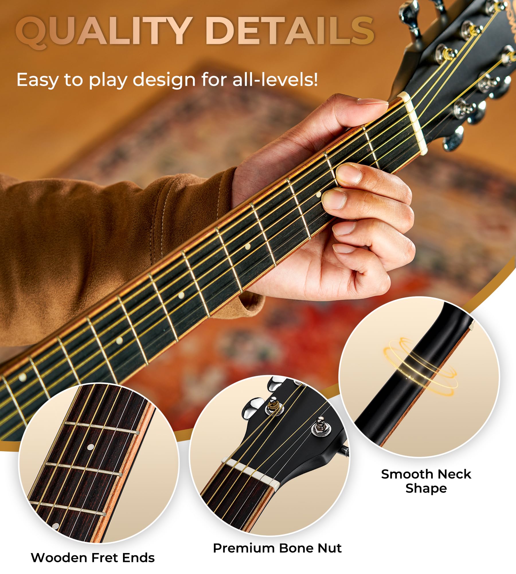 Vangoa Acoustic Electric Guitar Bundle for Beginners Adults Teens Full Size Cutaway Acoustic Guitar with Built-in Pickups, Wooden Bindings, Upgraded Starter Kit, Matte Black
