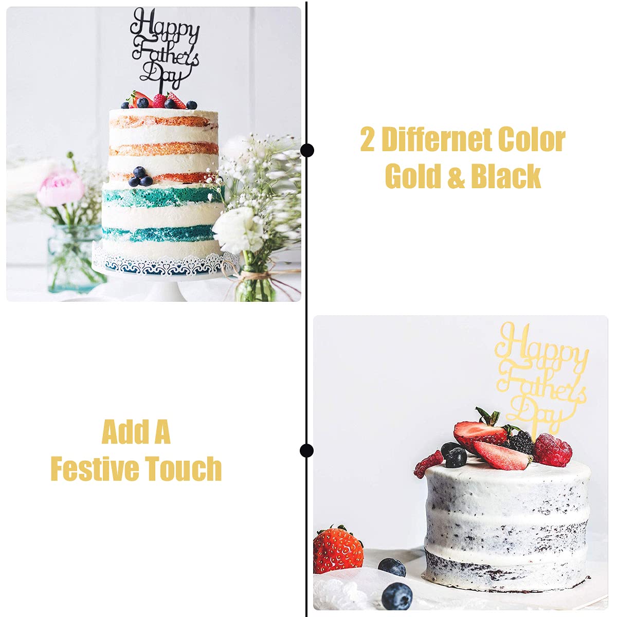 Happy Father's Day Cake Topper, 10 Pack Gold and Black Acrylic Cake Picks Cake Decorations Cake Food Decoration Party Supplies for Father's Day