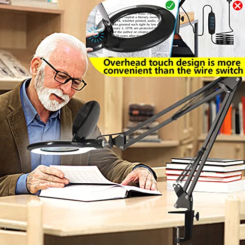 HITTI 10X Magnifying Glass with Light and Stand, 2200 Lumens Bright Touch LED Magnifying Desk Lamp, 3 Color Modes Stepless Dimming, Adjustable Swing Arm Lighted Magnifier for Close Work, Crafts-Black