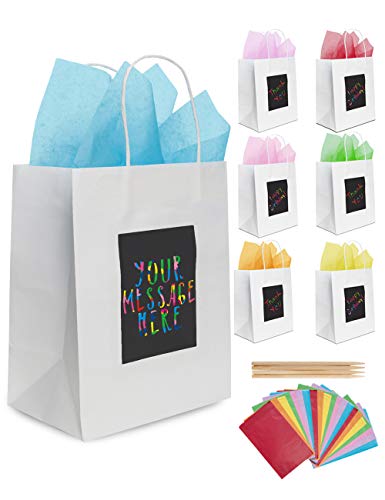 PURPLE LADYBUG 7 White Gift Bags with Handles & Scratch Panel for Messages - Unique Easter Gift Bags Medium Size, Wedding Gift Bag with Tissue Paper, Party Gift Bags, & Small Gift Bags Bulk