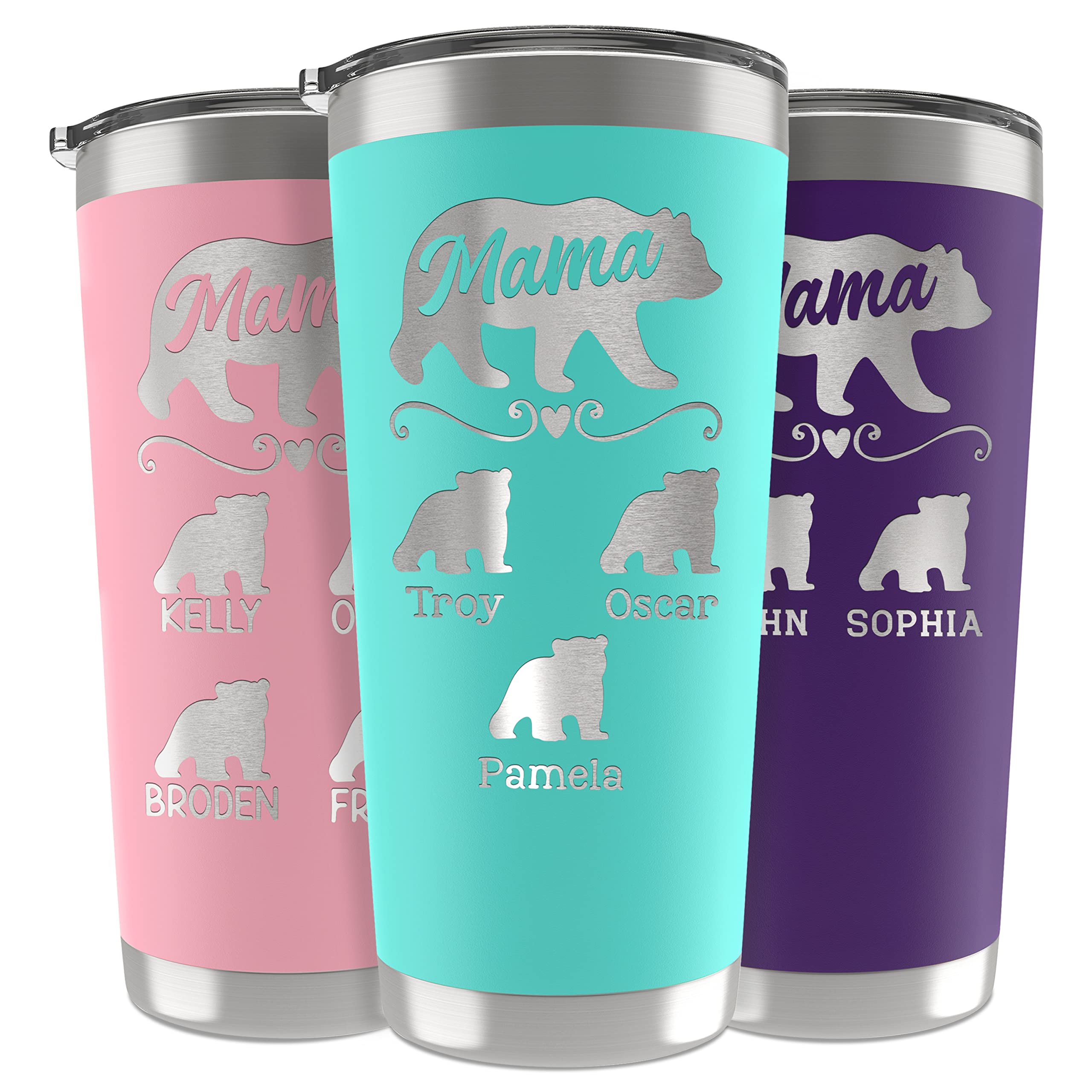 Personalized Mama Bear Tumbler, 20 or 30 oz. - 13 Colors - Names up to 5 Cubs, Custom Mom Tumbler for Mom from Daughter or Son