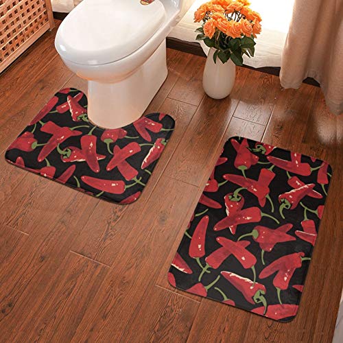 SWEET TANG Funny Bath Mats Rug Set 2 Piece for Bathroom Toilet Bathtub Decor, Non-Slip & Fast Dry Bath Floor Mat, Ultra Absorbent Memory Foam U-Shaped Contour Rugs Red Chili
