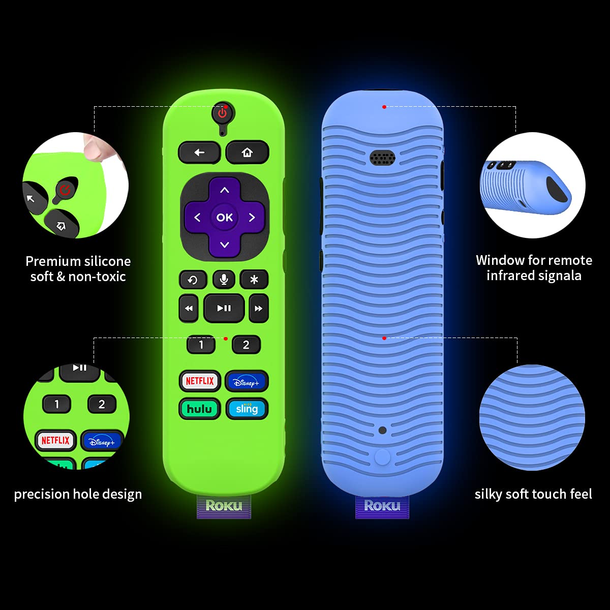 [3Pcs] Case for Roku Voice Remote Pro 2021(Only for 2021 Released), Anti Slip | Shockproof Silicone Protective Cover for Roku Voice Pro Remote Controller with Lanyard(Glow Blue+Glow Green+Red)