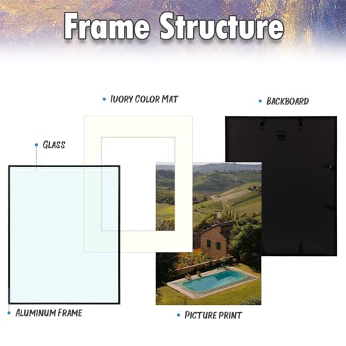 AUEAR, 16x20 Picture Frame - Display Photos 11x14 with Mat or 16x20 Without Mat - Aluminum Metal Pictures Frame for Wall Mounting - Real Glass (Black)