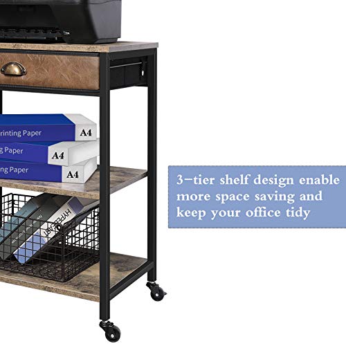 X-cosrack Deskside Mobile Printer Stand with Storage Drawer, 3 Tier Printer Table Cart with Wheel,Workspace Desk Organizer Shelf for Home Office, Rustic Brown