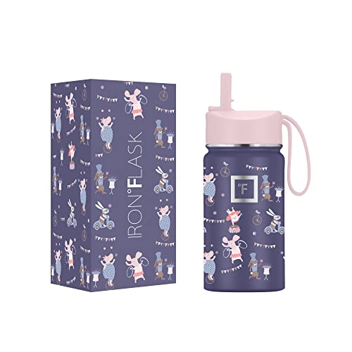 IRON °FLASK Kids Water Bottle - Straw Lid, 20 Name Stickers, Vacuum Insulated Stainless Steel, Double Walled Tumbler Travel Cup, Thermos Mug - Fiesta, 14 Oz