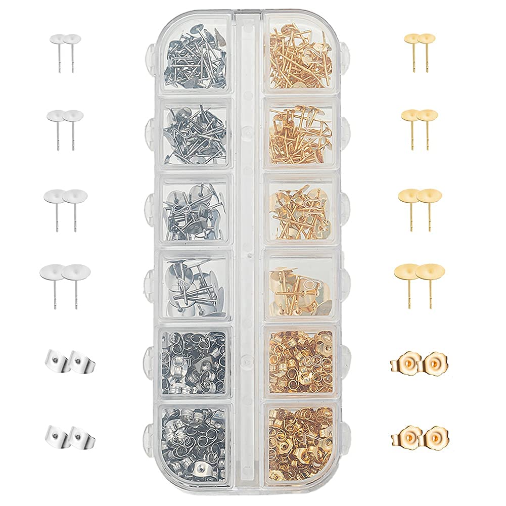 Gold Earring Posts and Backs - 400 Pcs 316L Stainless Steel Hypoallergenic Earring Studs for Jewelry Making with Butterfly Earring Backs, Earring Making Kit for DIY Jewelry (Gold)