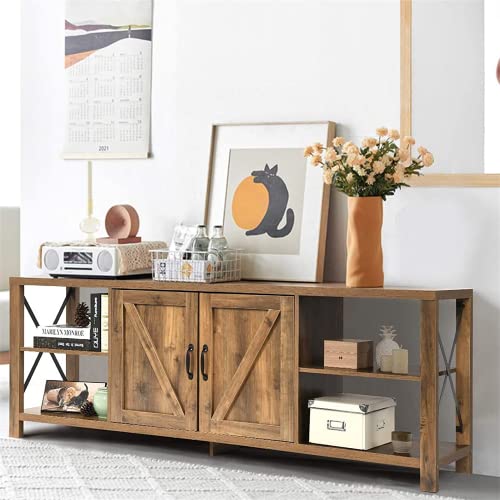 Catrimown 68ā Wood TV Stand Farmhouse Entertainment Center with Barn Doors, Rustic Long TV Console Table for 75 Inch TV with Storage Shelves for TVs Up to 78", Rustic Oak