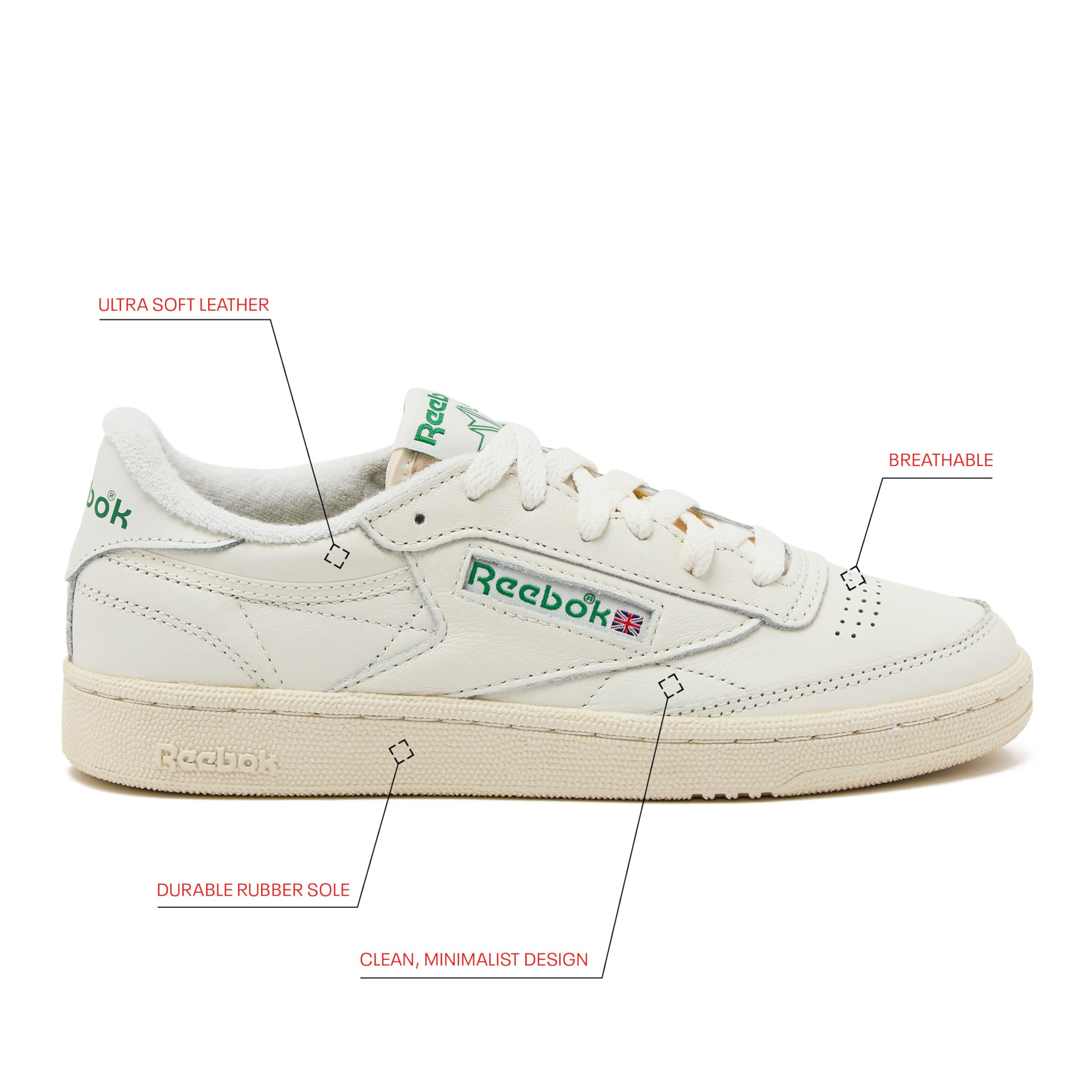 Reebok Club C Vintage Tennis Sneakers for Women, Chalk/Alabaster/Glen Green, 7.5