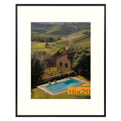 AUEAR, 16x20 Picture Frame - Display Photos 11x14 with Mat or 16x20 Without Mat - Aluminum Metal Pictures Frame for Wall Mounting - Real Glass (Black)